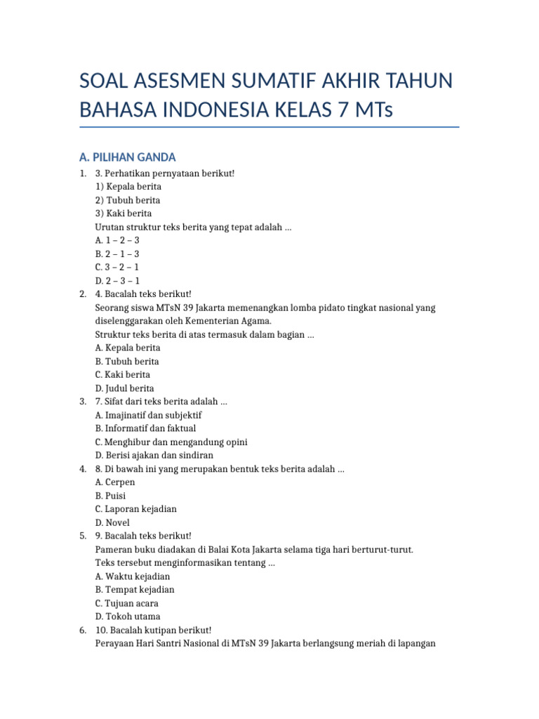 Soal ASAT Bahasa Indonesia Kelas 7 | PDF