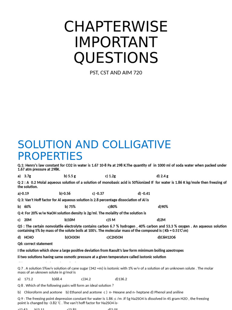 Chapterwise Important Questions | PDF | Chemistry | Physical Chemistry