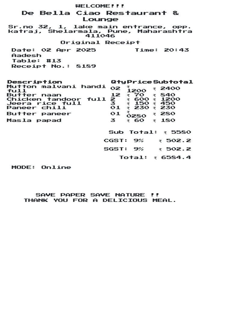 Restaurant Bill Template 1 | PDF