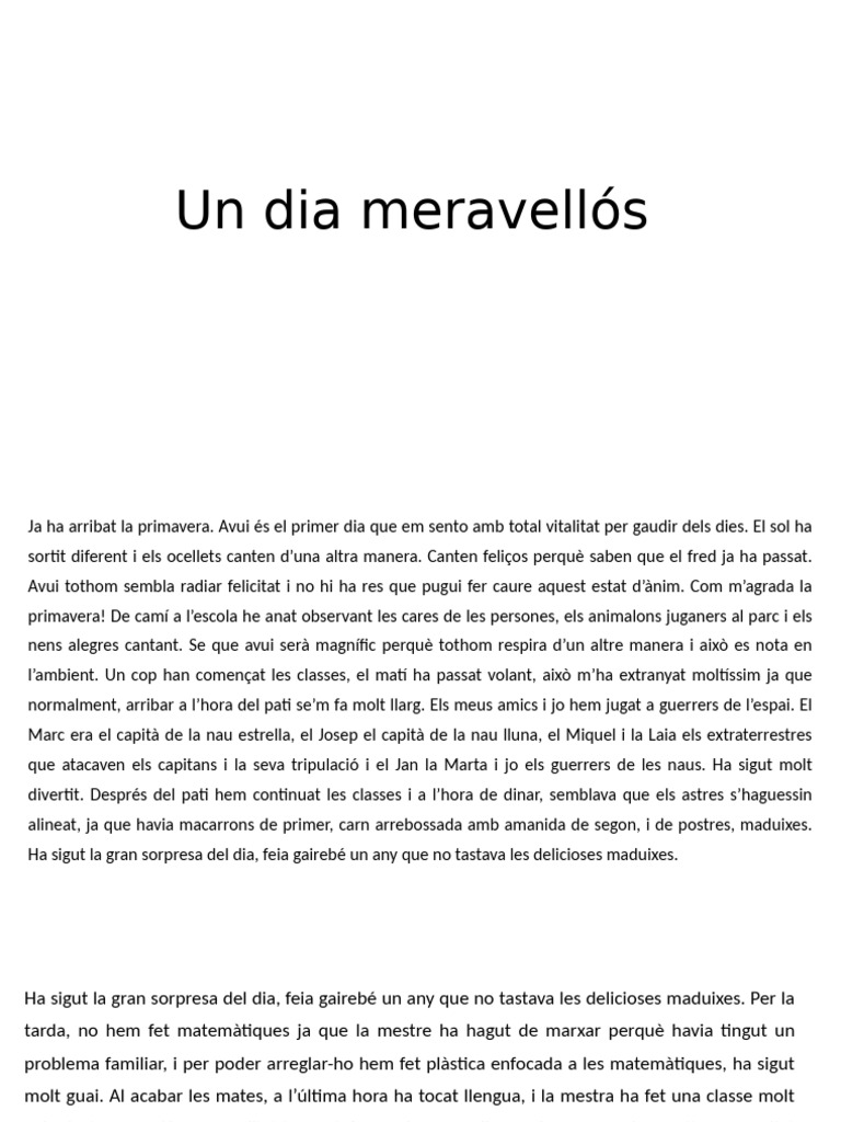 Comprensión Lectora 3r Primaria Català Un Dia Meravellos | PDF