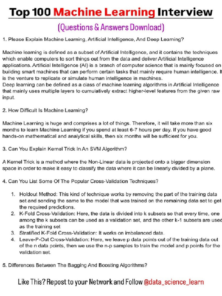 Top 100 Machine Learning Interview Questions Answers Cheatshee | PDF
