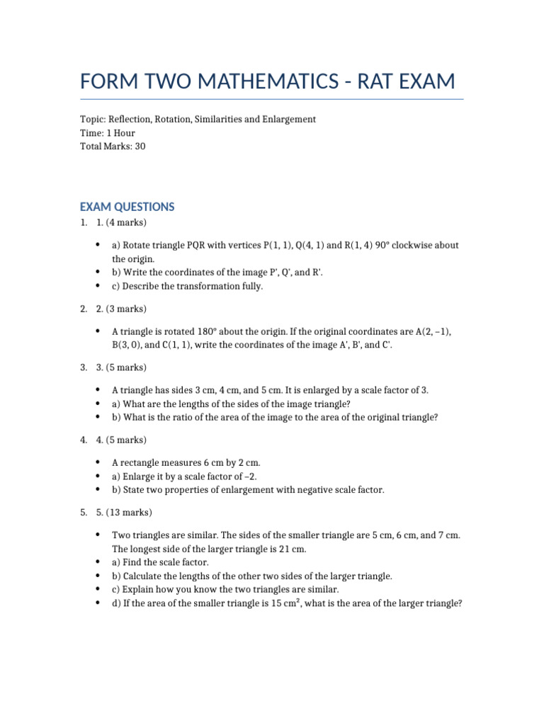 Form Two Math RAT Exam Transformations | PDF