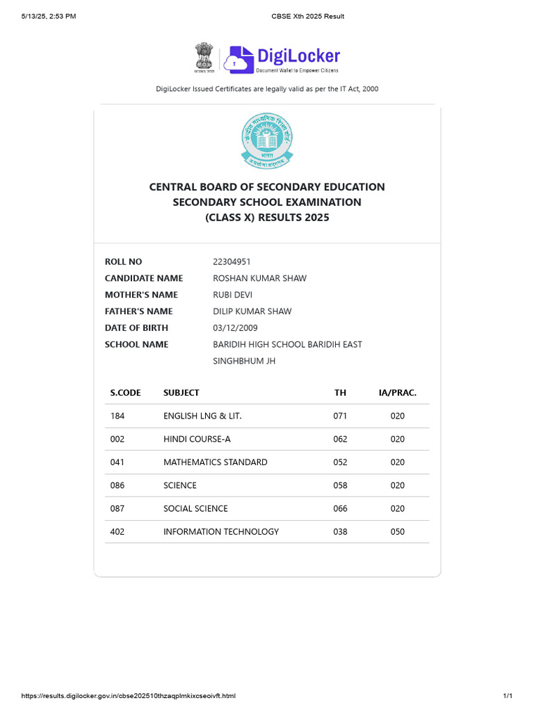 CBSE XTH 2025 Result | PDF