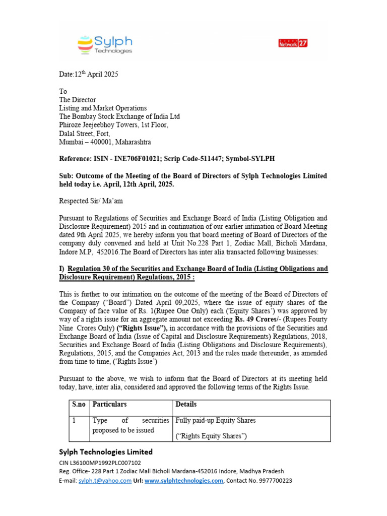 Sylph Technologies Limited Right Issue | PDF | Equity (Finance) | Securities (Finance)