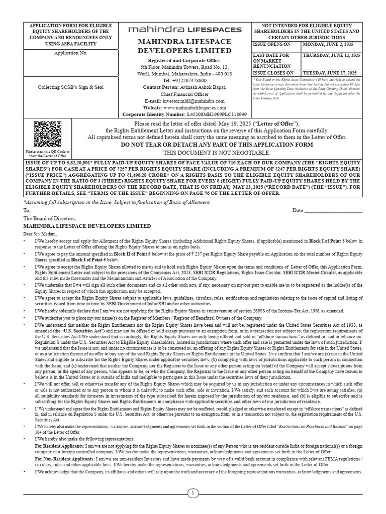 MAHINDRA LIFESPACE Rights Issue Application Form | PDF | Securities ...