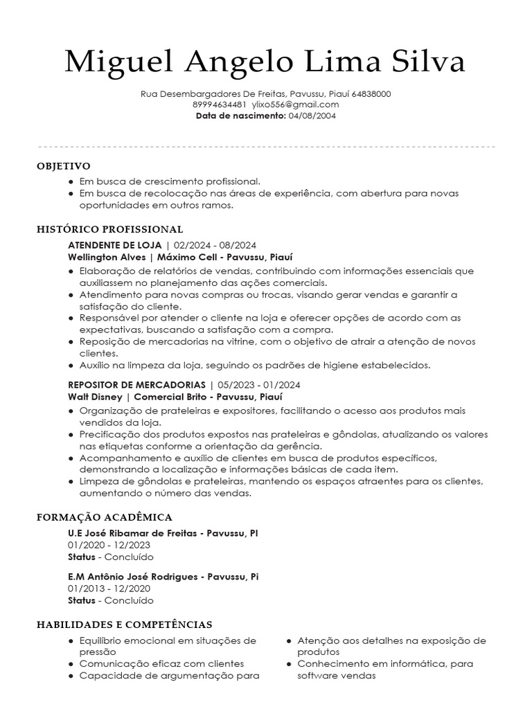 Currículo de Miguel Angelo Silva | PDF