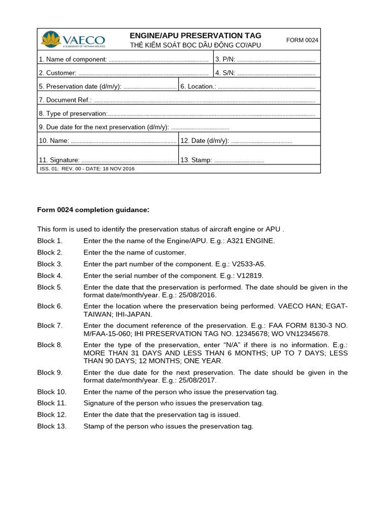 Form 0024 Engine-Apu Preservation Tag | PDF | Chess Theory | Chess