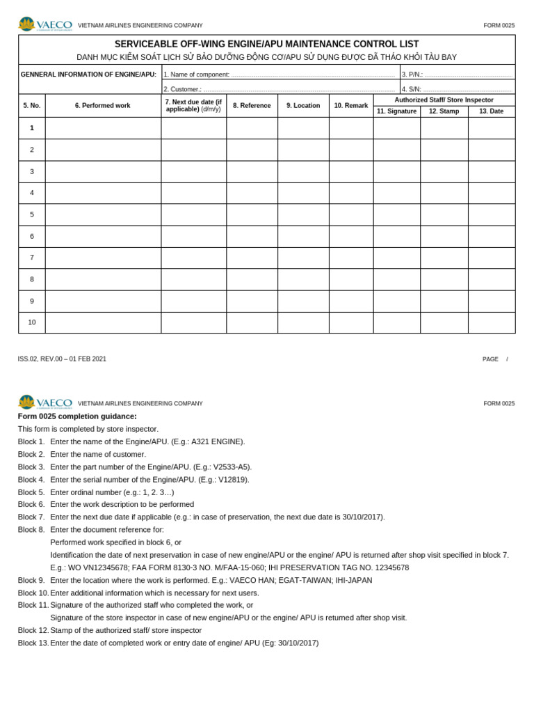 Form 0025 Serviceable Off-Wing Engine-Apu Maintenance Control List | PDF