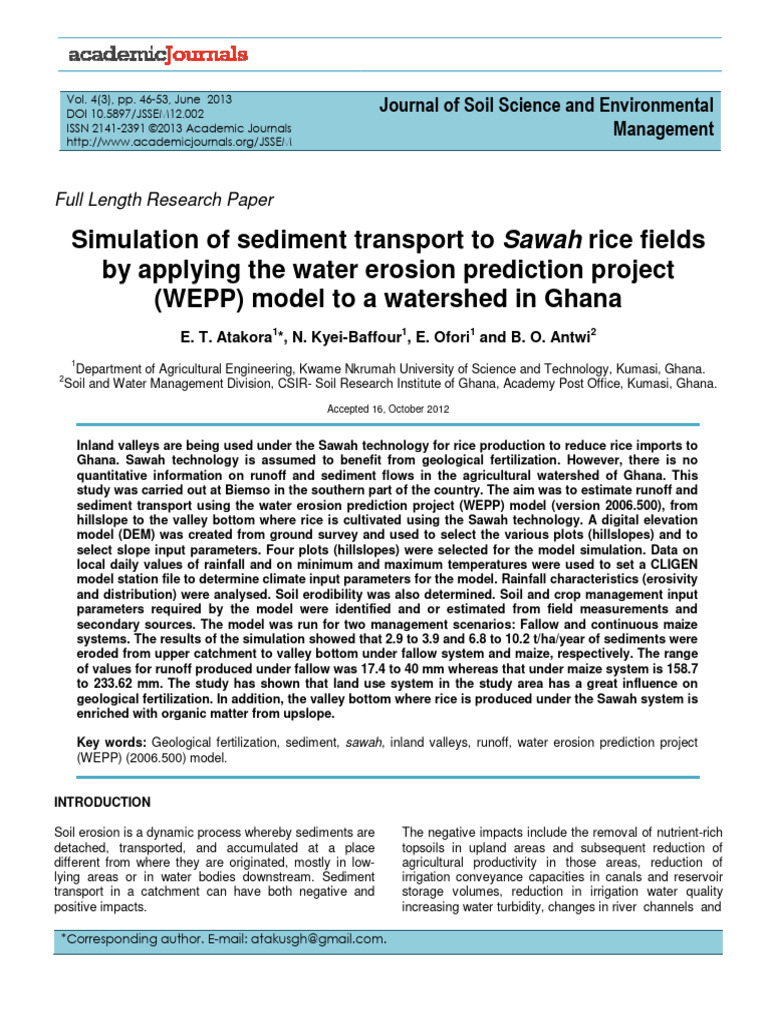 ASimulation of Sediment Transport To Sawah Rice Fields by Applying The Water Erosion Prediction ...