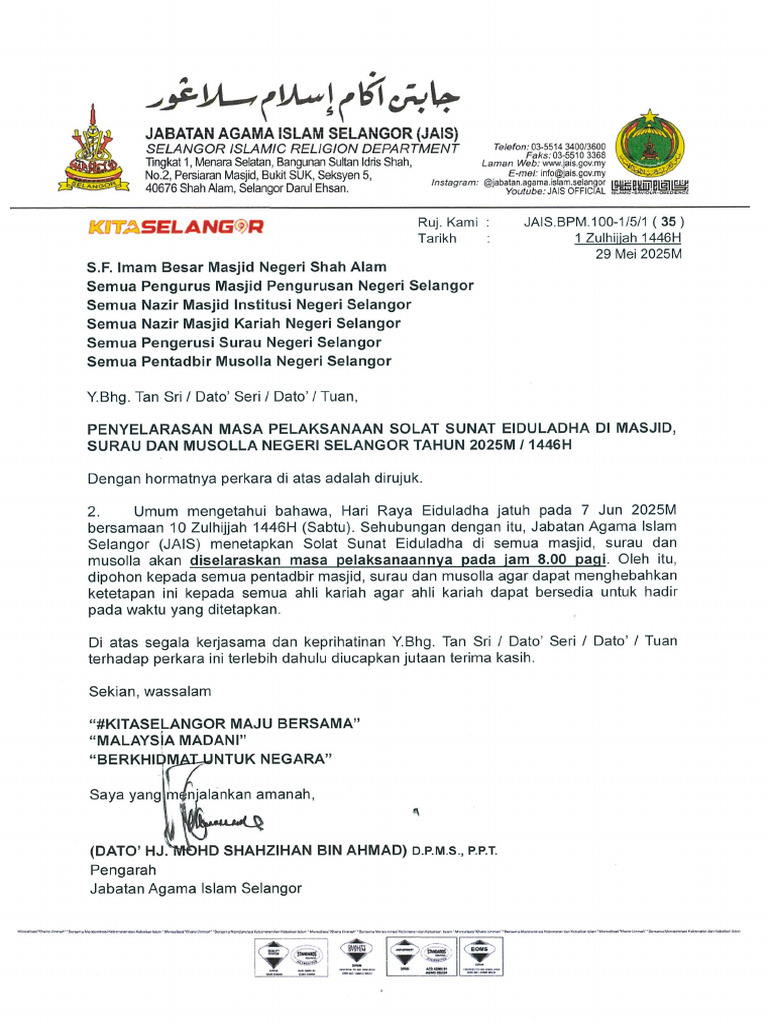 Ketetapan Masa Solat Sunat Eiduladha Selangor 2025 | PDF