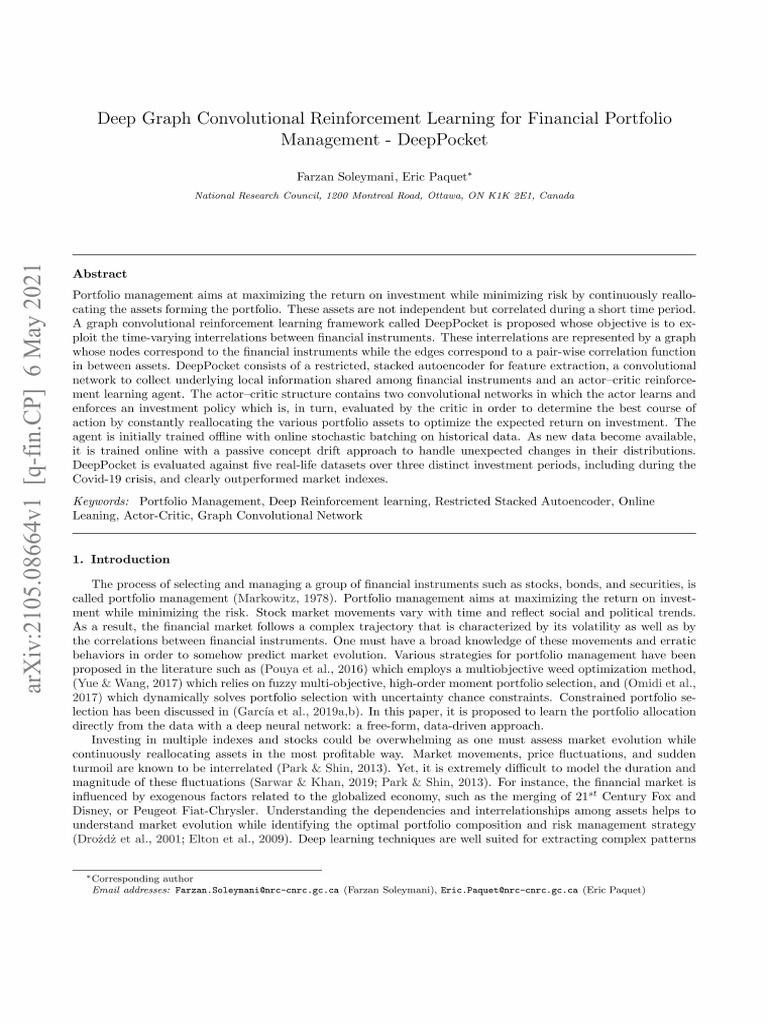 Deep Graph Convolutional Reinforcement ... Cial Portfolio Management - DeepPocket | PDF