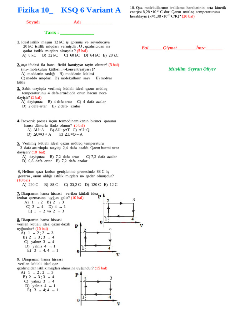 Fizika - X Sinif. KSQ-6 | PDF