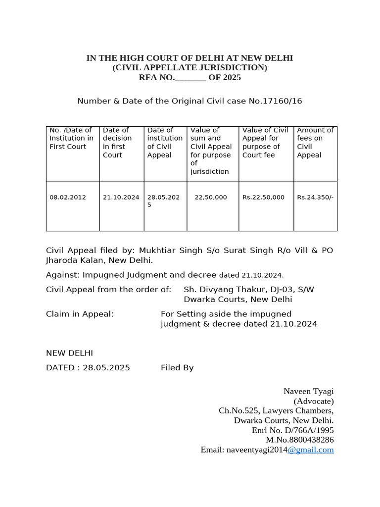 RFA HIGH COURT MUKHTIAR SINGH Vs GOLDEN BUILDCOM | PDF | Lawsuit ...
