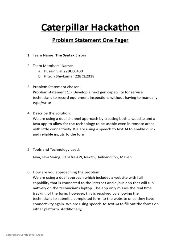 Caterpillar Hackathon - Syntax Errors One Pager | PDF | Speech ...