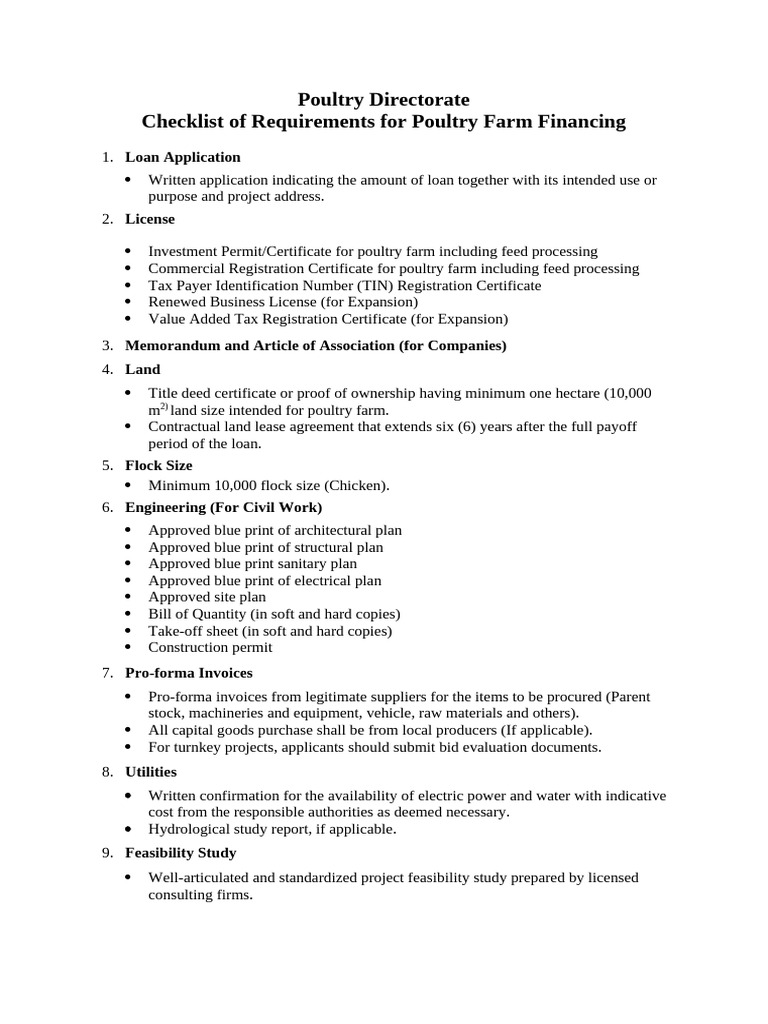 Poultry Farm Loan Requirements Checklist | PDF | Environmental Impact ...