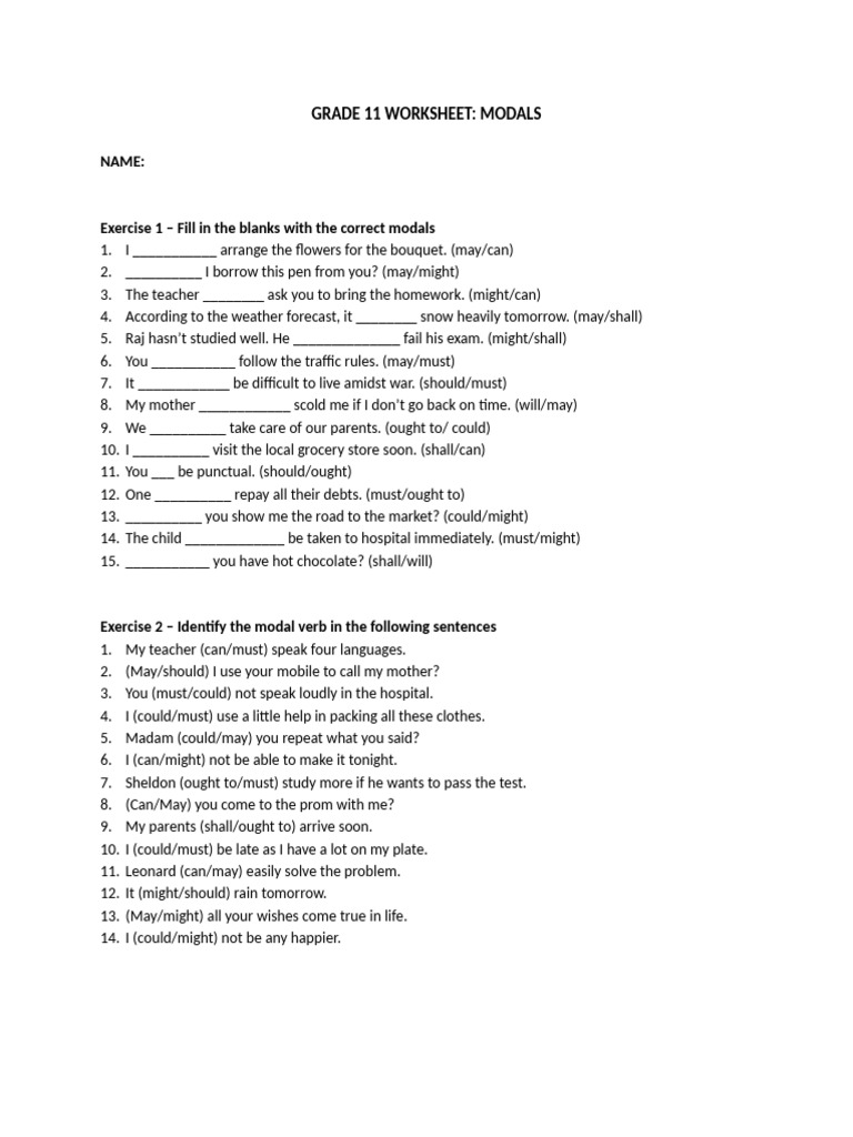 Grade 11 Worksheet Modals | PDF