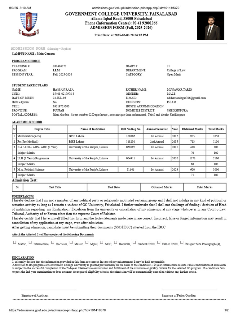 Admissions - Gcuf.edu - PK Admission-Printapp - PHP Id 101416370 | PDF