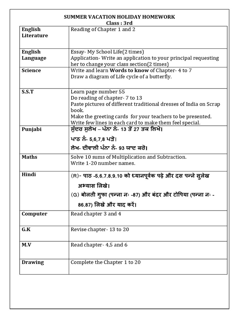 Holiday Homework of Class 3rd | PDF