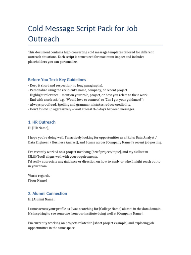 Cold Message Script Pack For Job Outreach | PDF | Communication | Human Communication