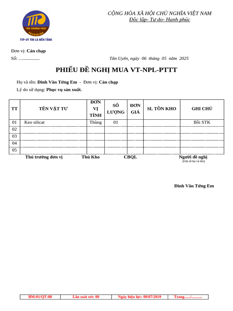Bm 01-Qt 08 Phieu de Nghi Mua Vt - Tấn | PDF