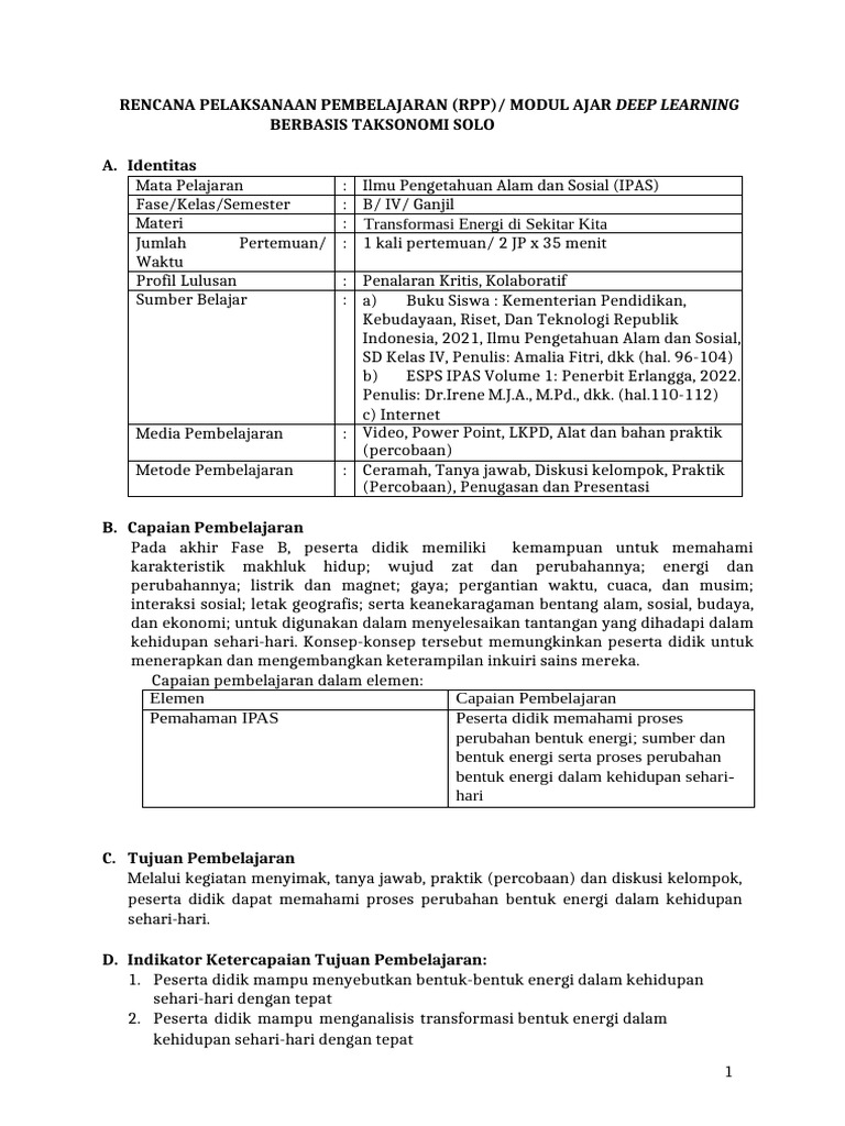 Tugas RPP Deep Learning Berbasis Taksonomi SOLO Kelas IV | PDF