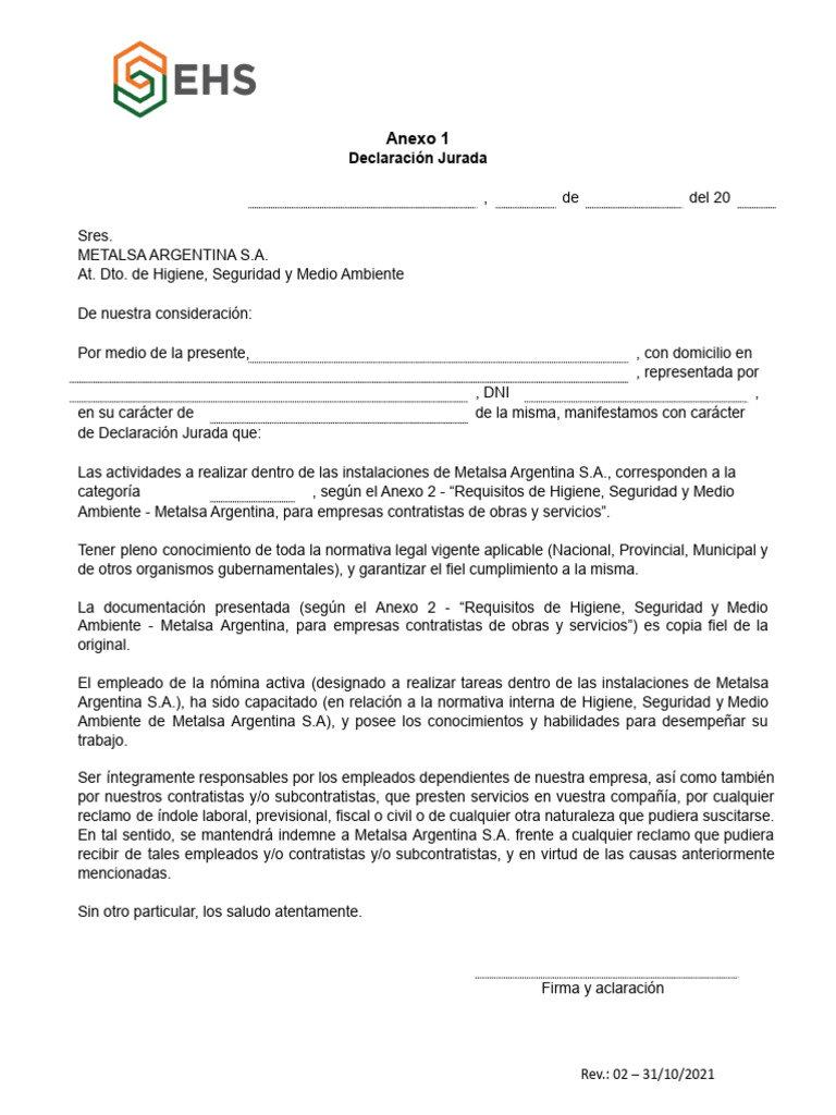 Anexo 1 (M-EHS-001) - Declaración Jurada | PDF