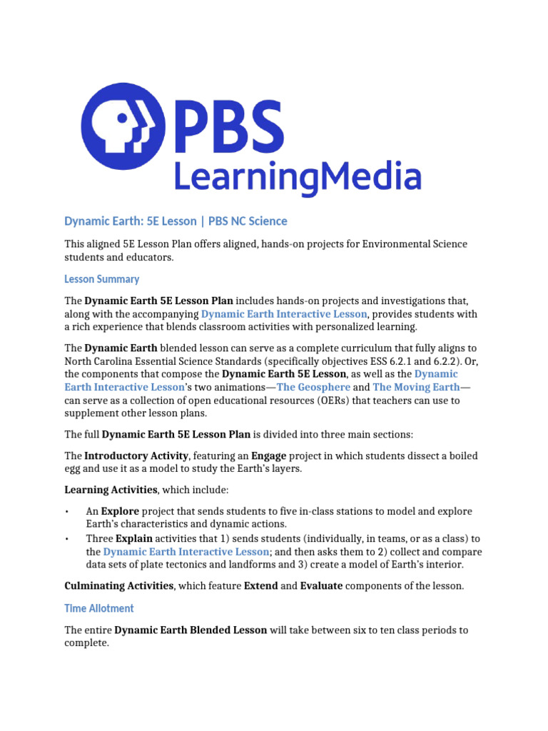 Dynamic Earth 5e Lesson Pbs NC Science | PDF | Earth | Plate Tectonics