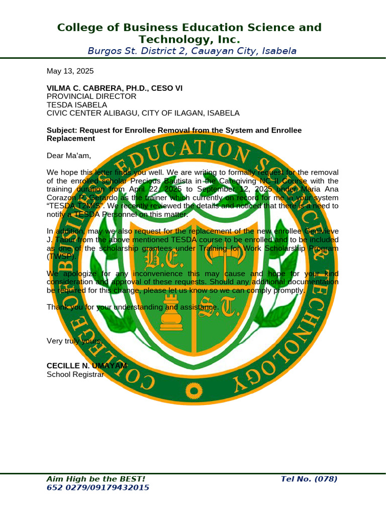 Request Letter To TESDA | PDF