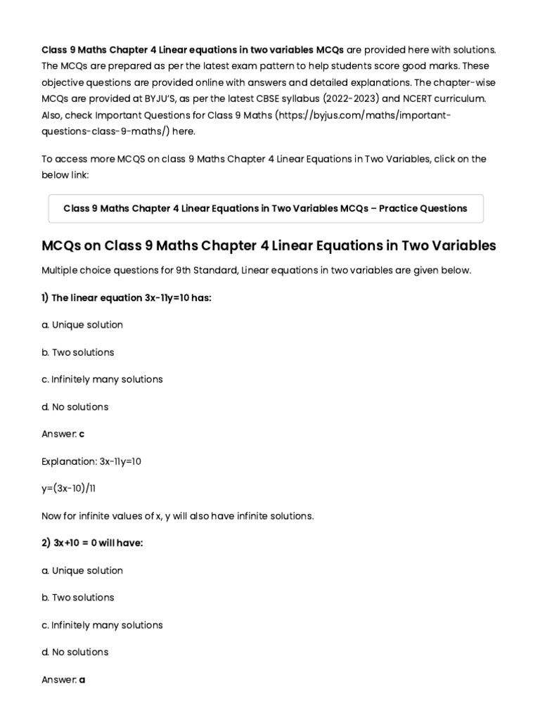 Maths Class 9 Maths Chapter 4 Linear Equations in Two Variables Mcqs ...