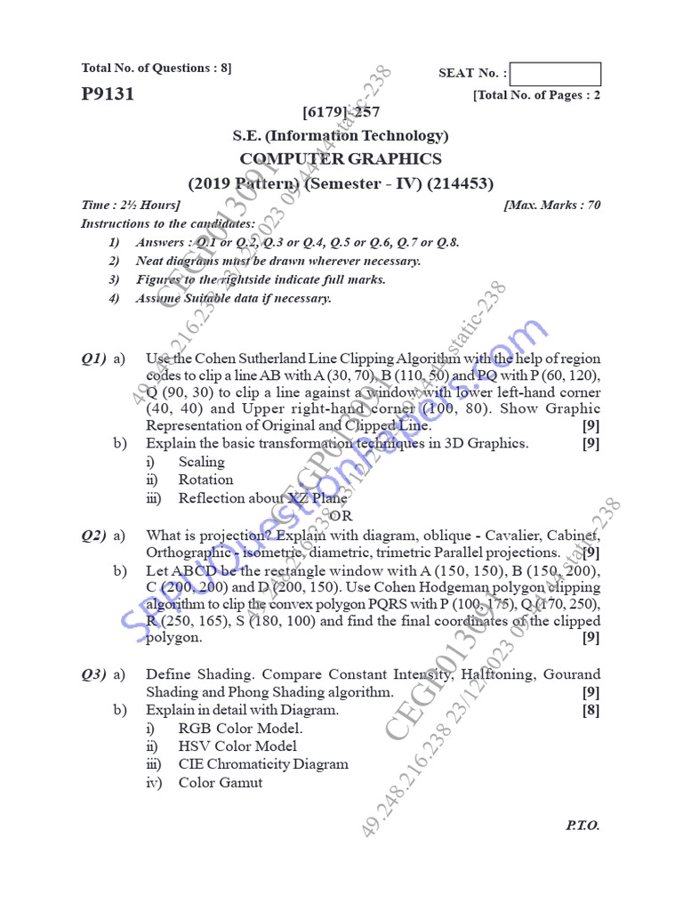 Be Information Technology Engineering Semester 4 2023 November Computer Graphics 2019 Pattern ...