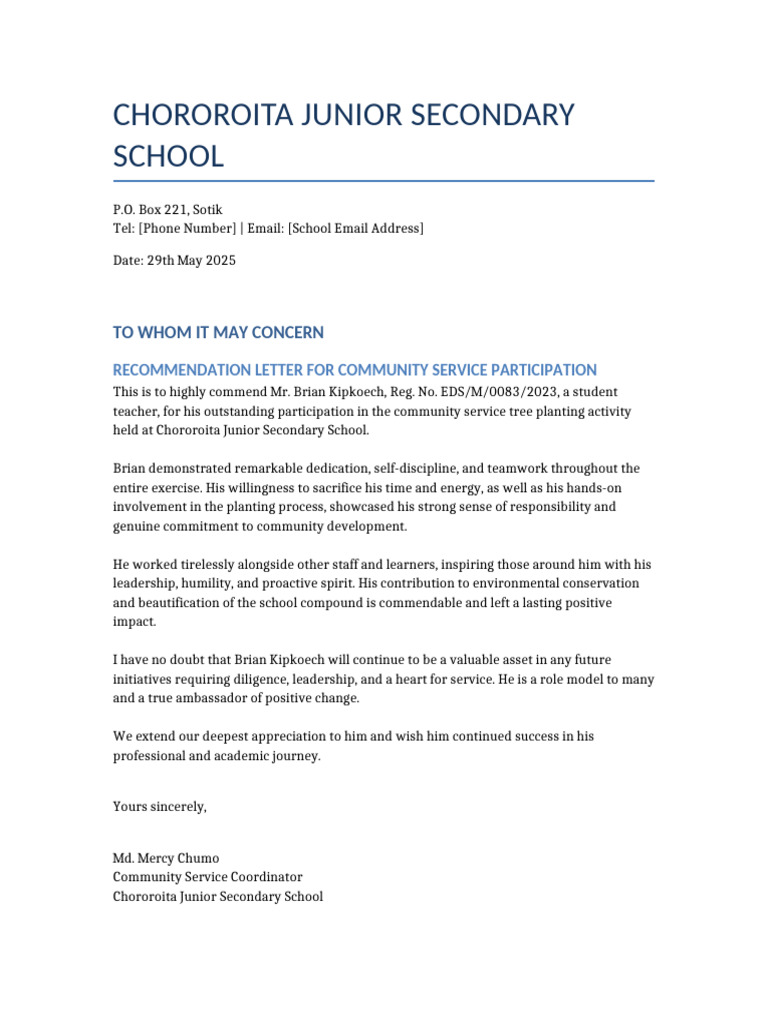 Recommendation Letter Brian Kipkoech Mercy Chumo | PDF