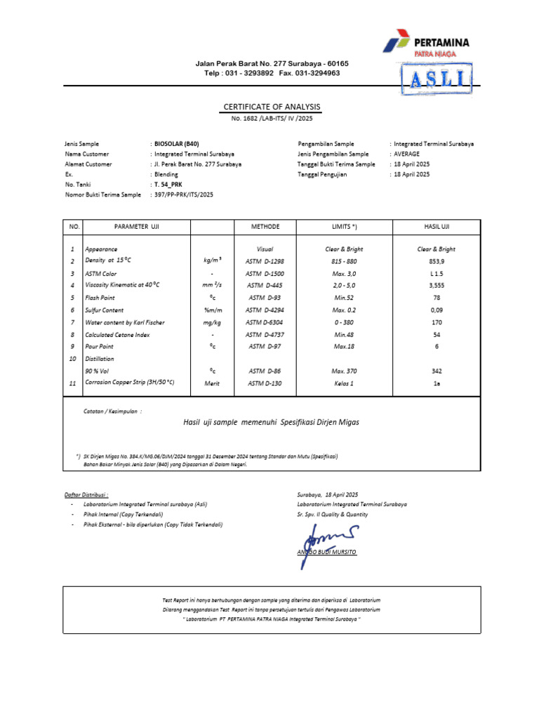 HASIL LAB COA BBM B40 Pertamina Surabaya | PDF