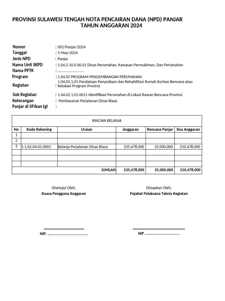 Nota Pencairan Dana Panjar 2024 | PDF