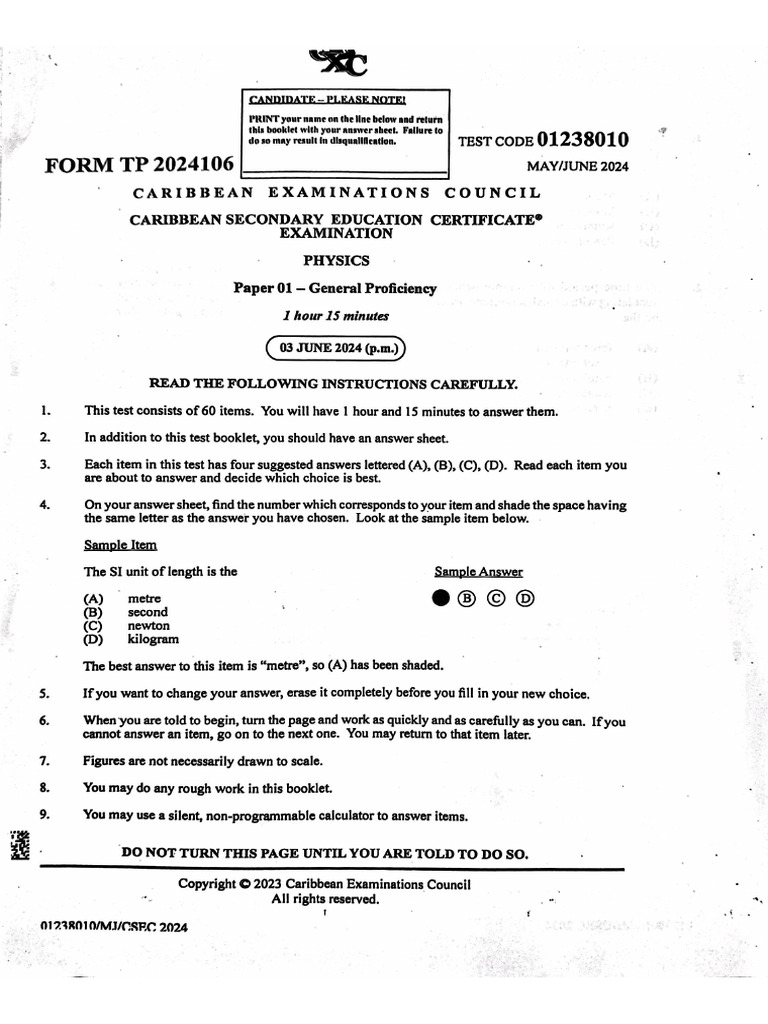 Csec Physics p1 2024 MJ | PDF
