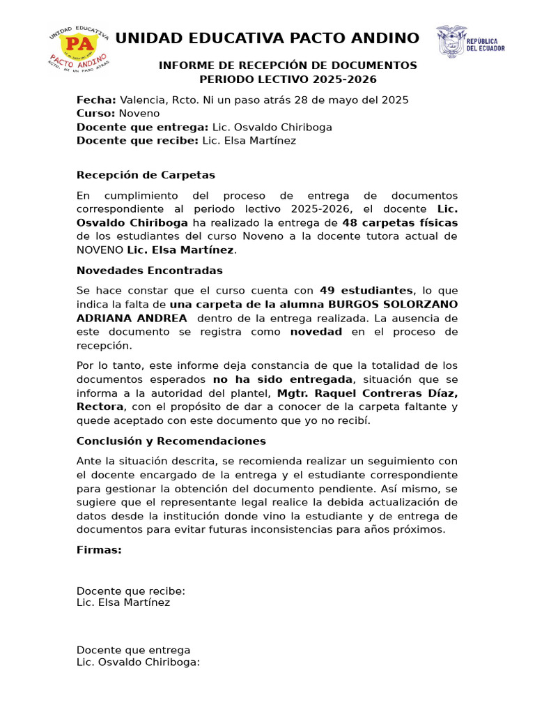 Informe de Recepción de Documentos Elsa | PDF