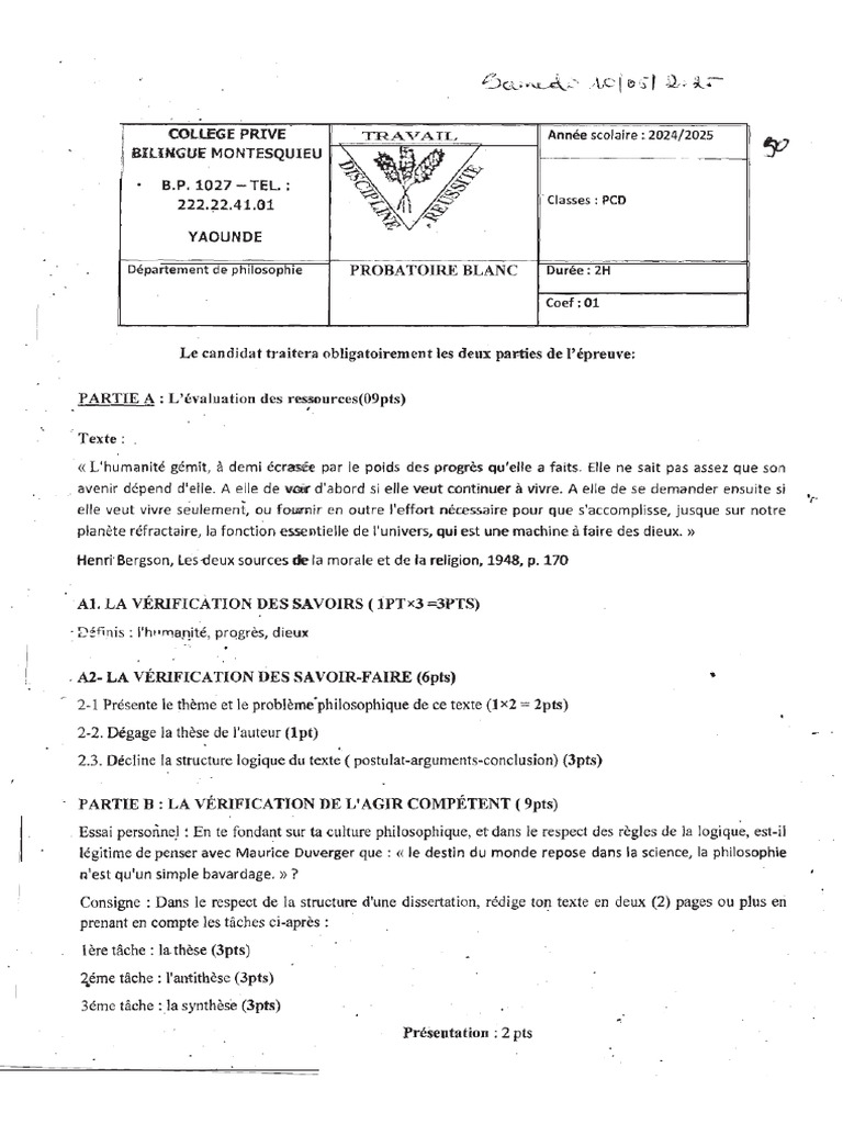 Preuve de Philosophie - Probatoire Blanc Mai 2025 - Série C&D - Collège Privé Bilingue ...