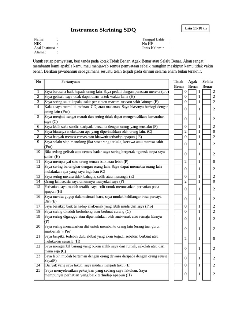 Kuesioner Skrining SDQ Usia 11-18 Tahun | PDF