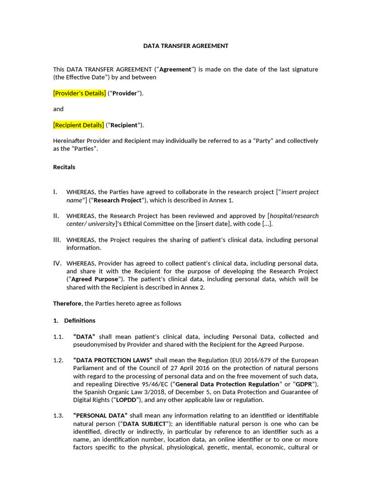 Data Transfer Agreement Template | PDF | Patent | Common Law