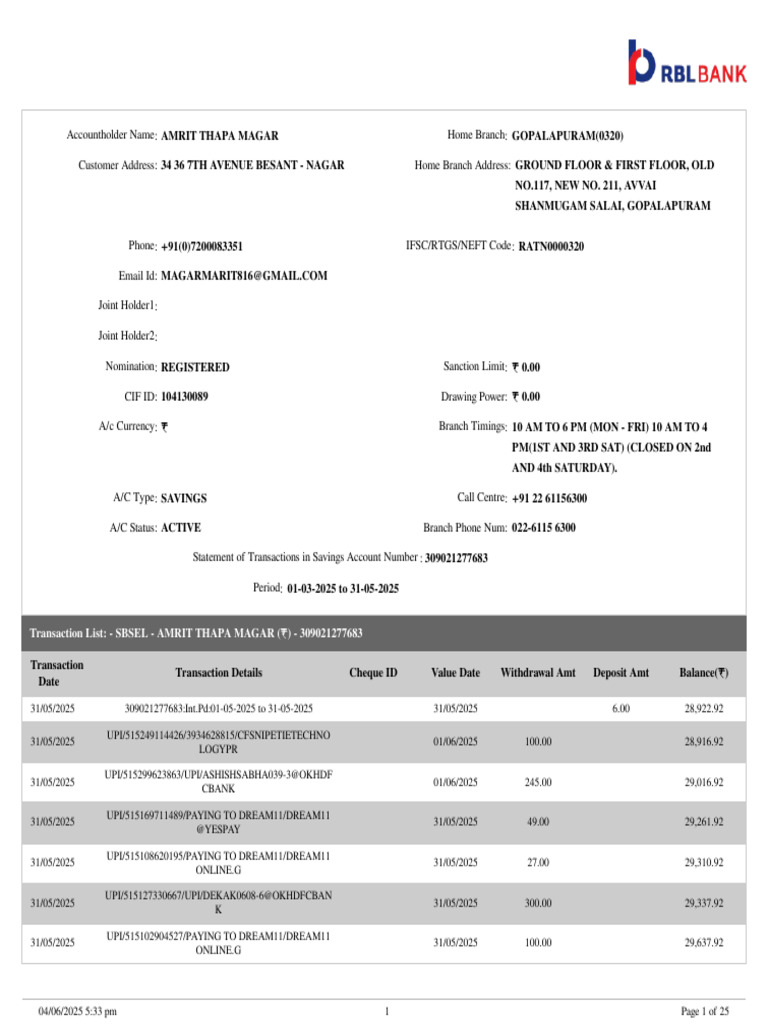 AccountStatement01-03-2025 To 31-05-2025 | PDF | Services (Economics ...