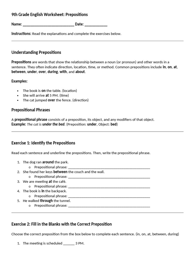 9th Grade English Worksheet On Prepositions | PDF | English Language ...