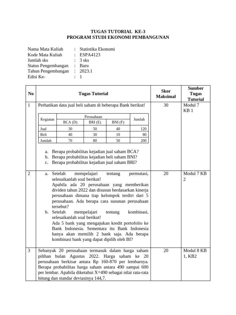 Soal Dan Jawaban Tugas Tutorial Espa4123 Ke 3 | PDF