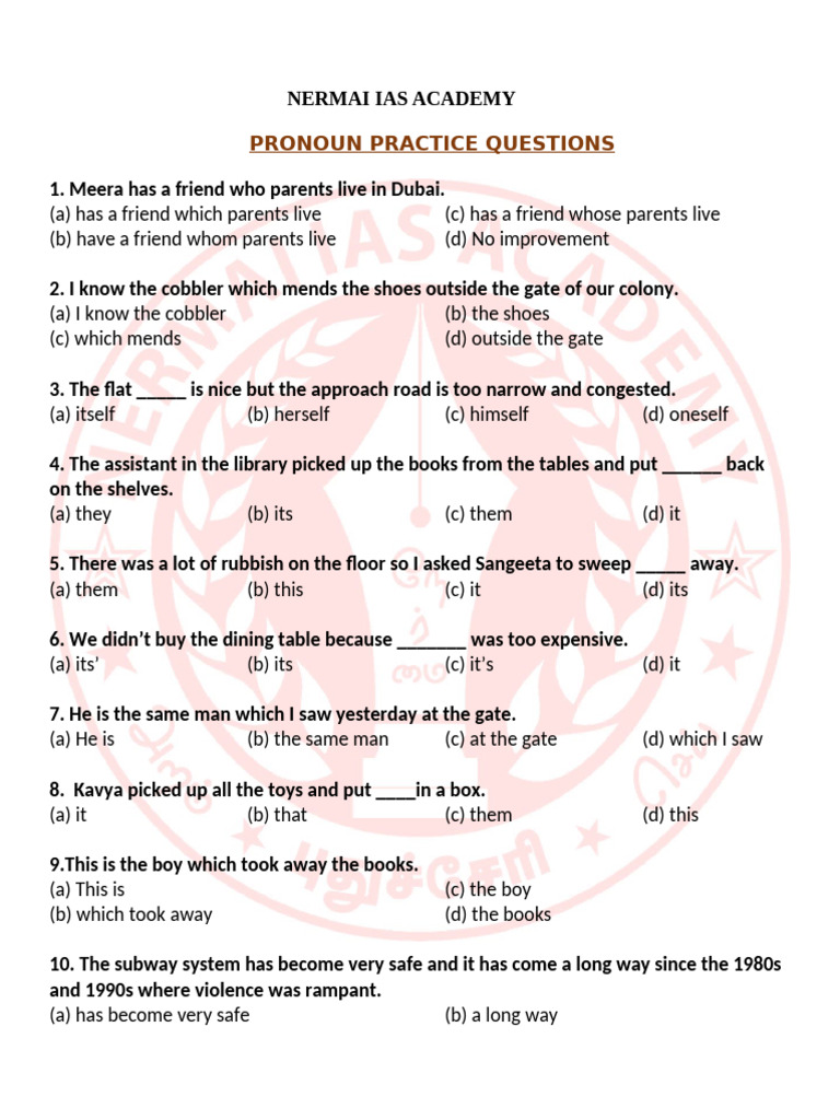 Pronoun Practice Questions. | PDF