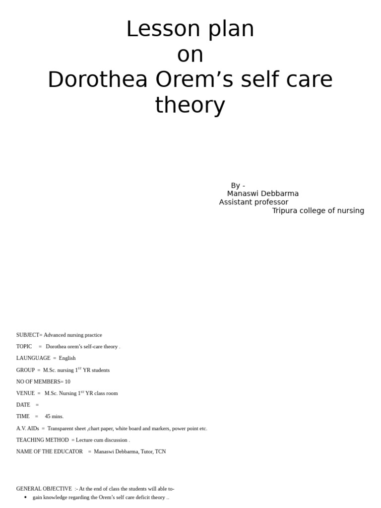Lesson Plan On Orems Theory | PDF | Theory | Nursing