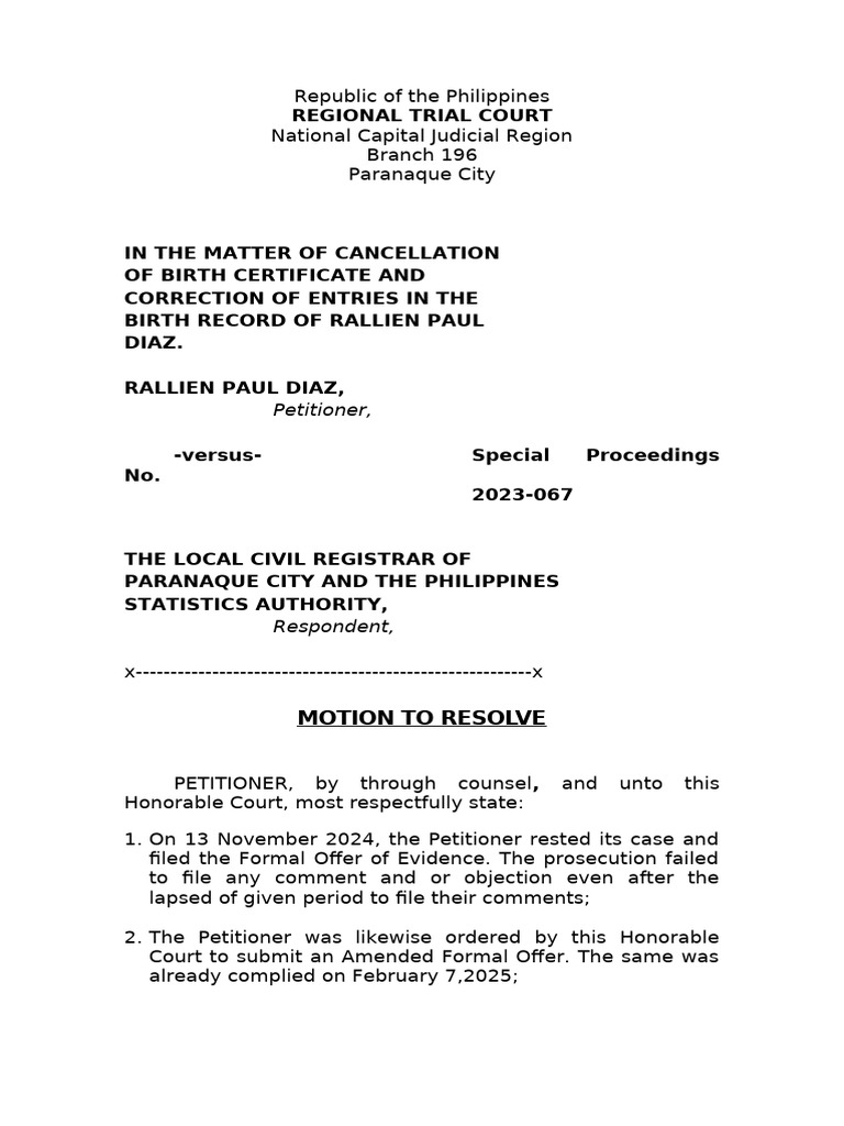 Motion To Resolve Diaz Petition | PDF | Prosecutor | Judiciaries