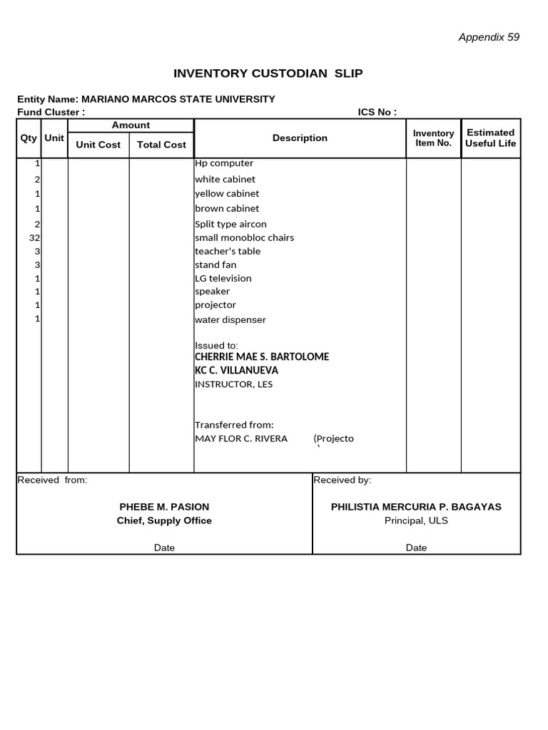 Les Individual Inventory Custodian Slip As of March 2025 | PDF ...