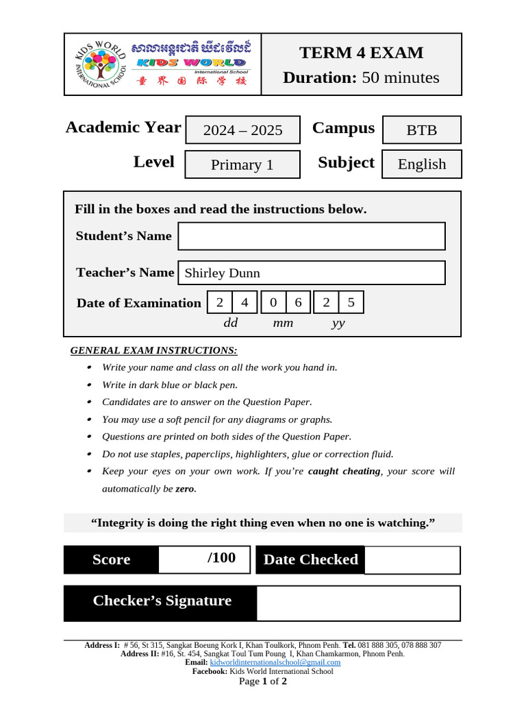 Primary 1 English Exam Instructions | PDF