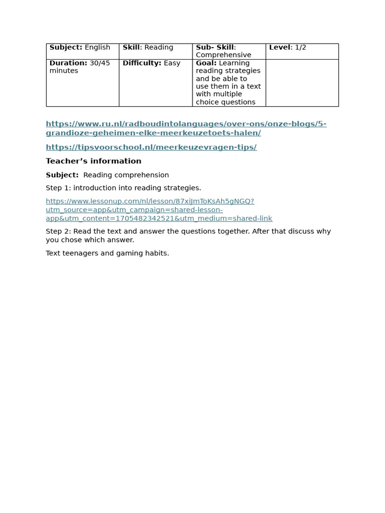 Lessonplan Reading Comprehension Part 1 Pdf Adolescence Motivation