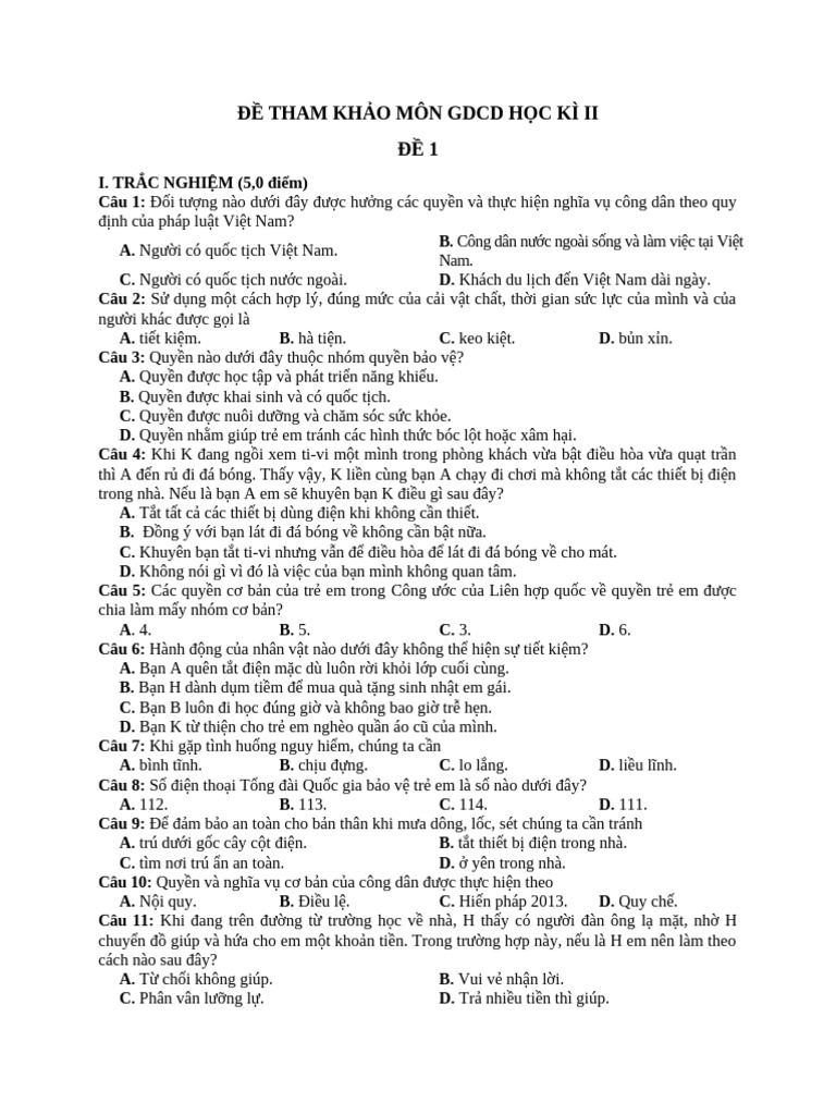 Đề Tham Khảo Môn Gdcd Học Kì II | PDF