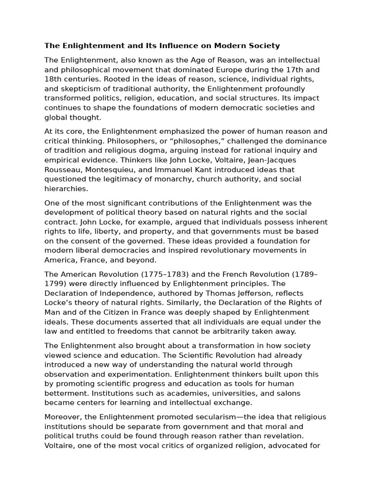 The Enlightenment and Its Influence On Modern Society | PDF | Age Of ...