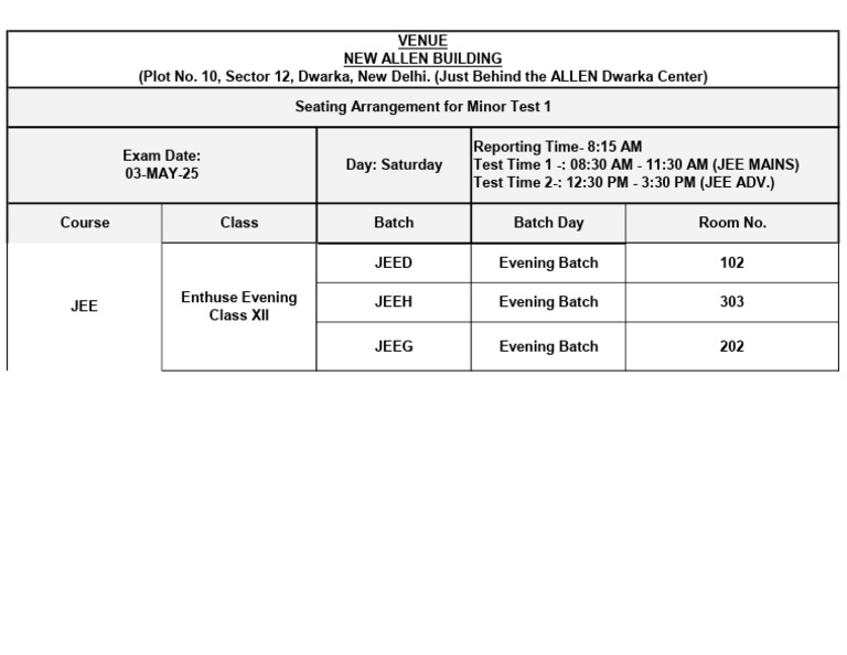3 May 2025 Test Seating Plan | PDF